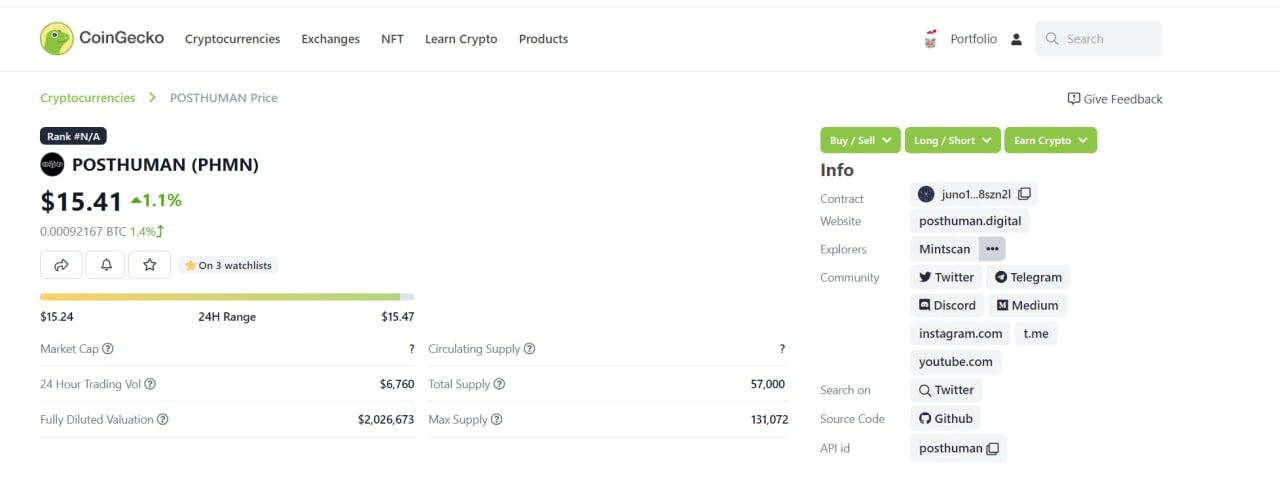 POSTHUMAN ∞ DVS on Twitter: "$PHMN appeared on CoinGecko! 🔥 https://t.co/iJQm72eTSo Add to ...