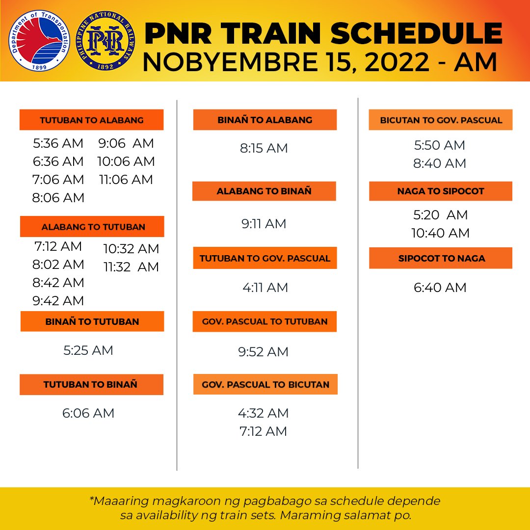 PNR_GovPH on Twitter: "ANUNSYO: Ngayong umaga ng Nobyembre 15, 2022, may byahe ang Philippine ...