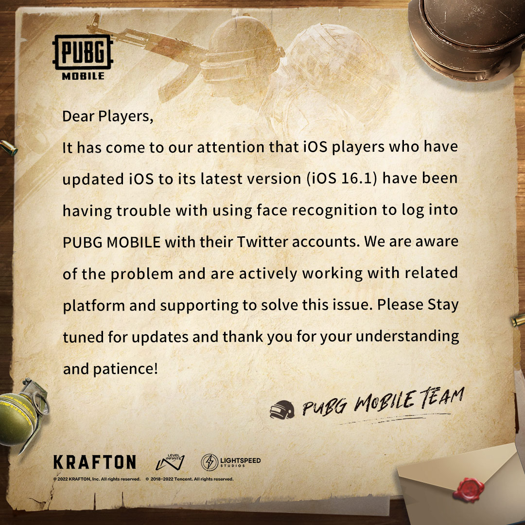 PUBG MOBILE on Twitter: "We are aware that iOS 16.1 users are currently unable to use face ...