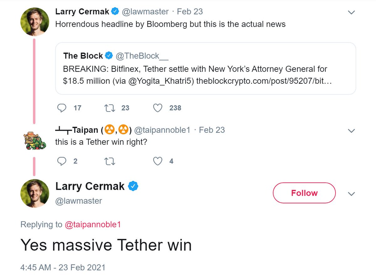 Now this is an unfortunate picture. Poor Larry went from calling out the Tether fraud, to ...