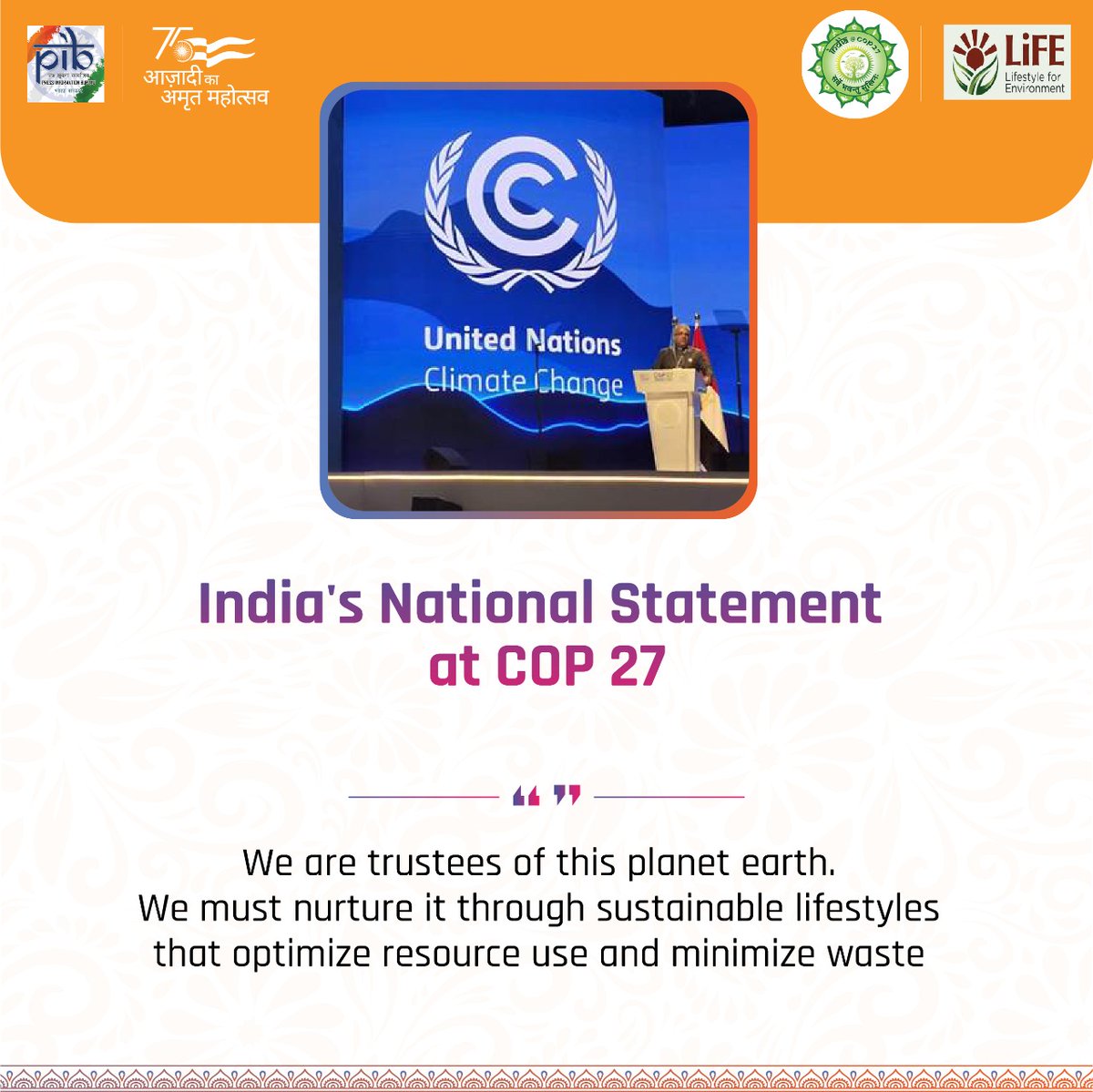 PIB India on Twitter: "India delivers National Statement at #COP27 We are trustees of this ...