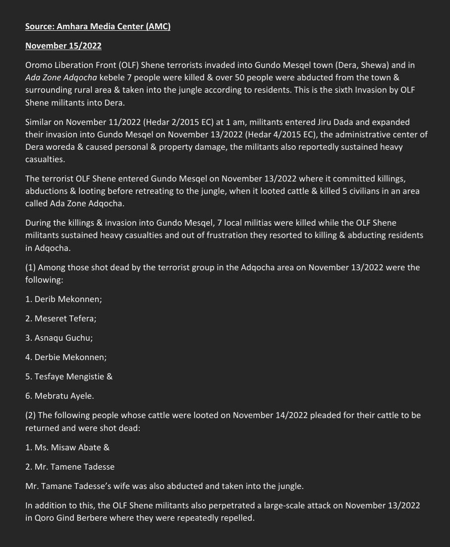 Dej-Azmach|ደጅ-አዝማች 🦁🦅 on Twitter: "[Update Nov. 16/22] Amhara Media Center: OLA has killed ...