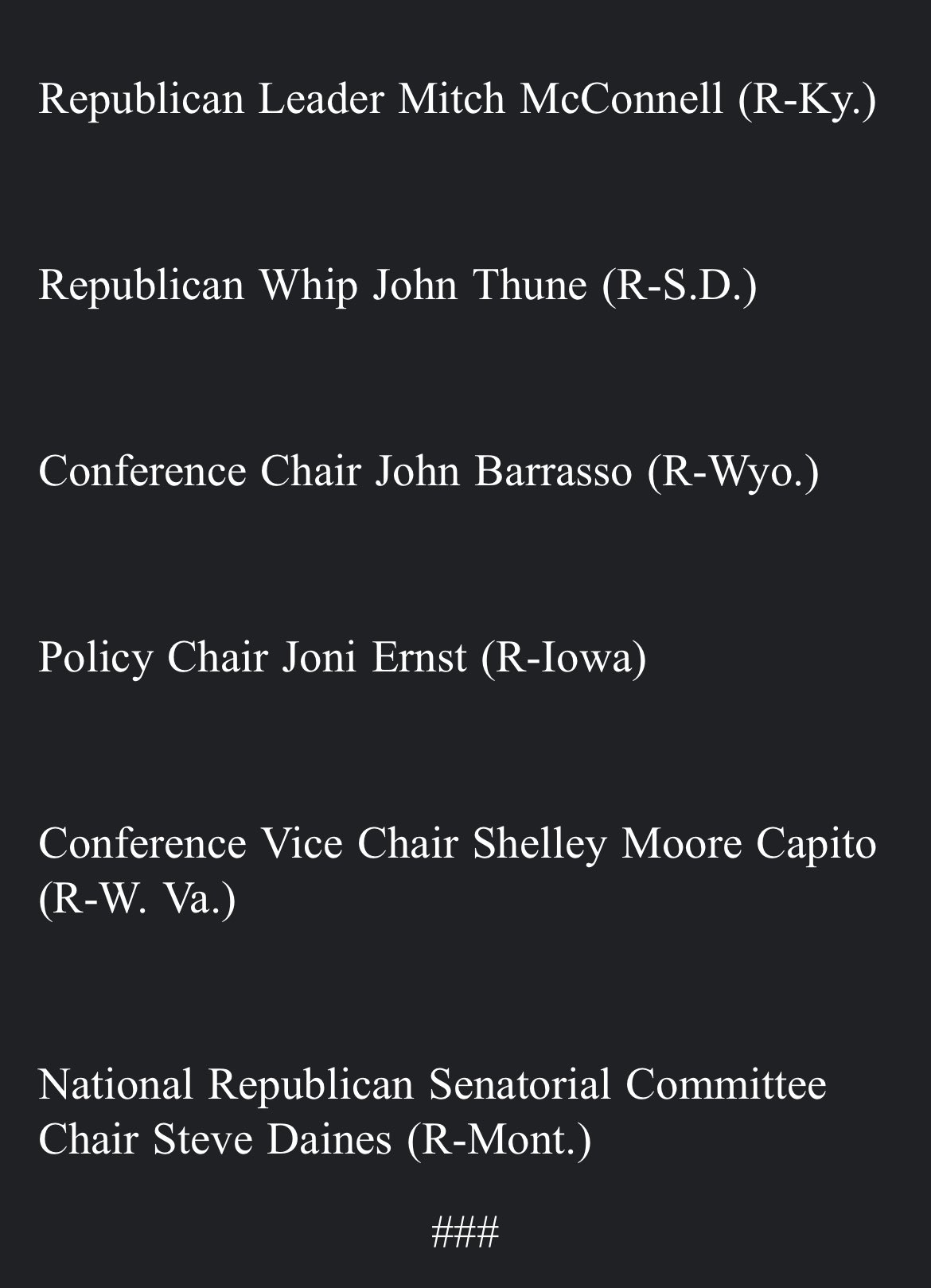 Politics1.com on Twitter: "RT @AndrewSolender: The full Senate GOP leadership team: https://t.co ...