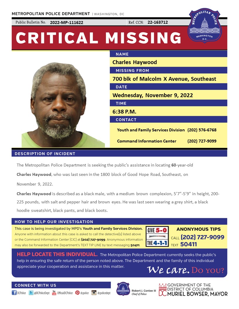 Crime Archive on Twitter: "RT @DCPoliceDept: Critical #MissingPerson 60-year-old Charles Haywood ...
