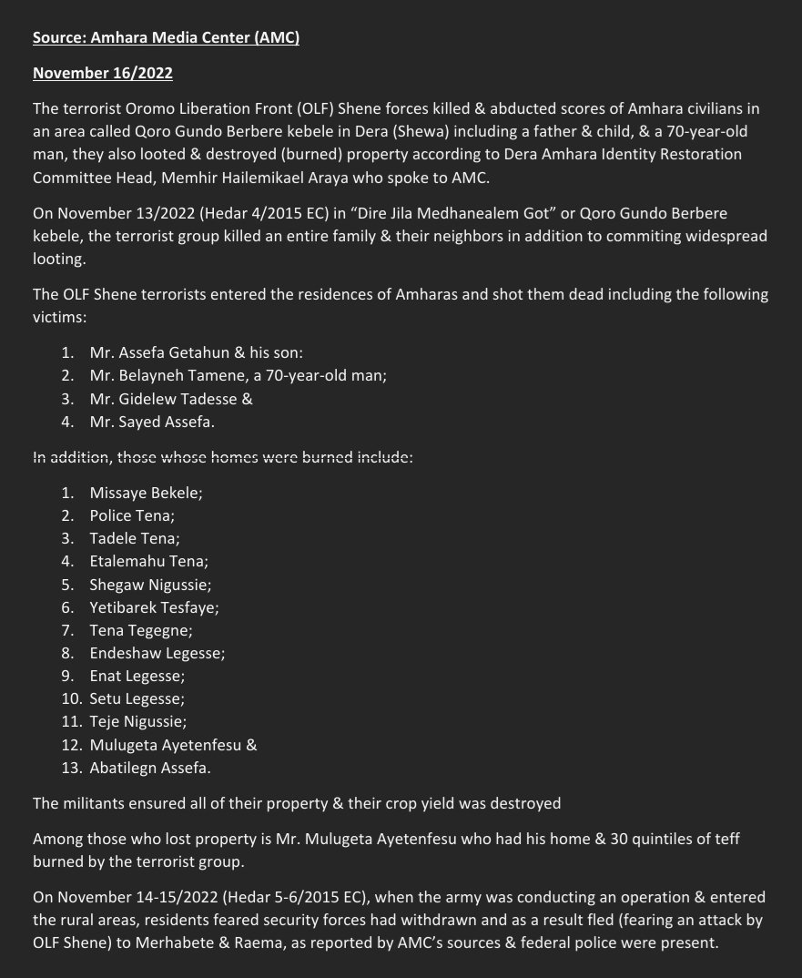 Dej-Azmach|ደጅ-አዝማች 🦁🦅 on Twitter: "[Update Nov. 16/22] Amhara Media Center: OLA has killed ...