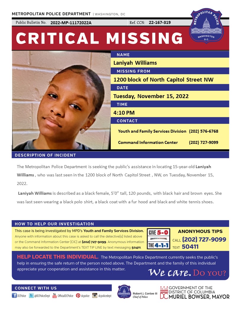 Critical MissingPerson 15-year-old Laniyah Williams, who was last seen ...