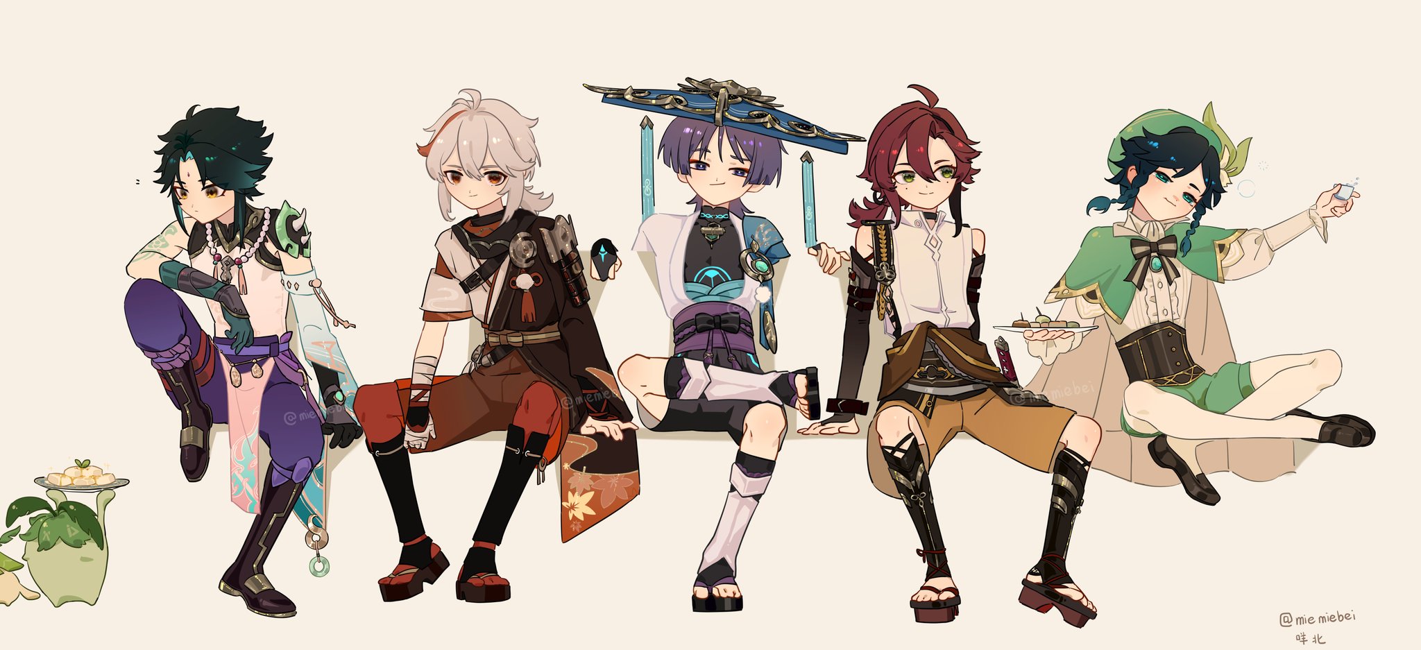 咩北 on Twitter: "排排坐 #GenshinImpact #原神 #xiao #魈 #Kazuha #枫原万叶 #scaramouche #散兵 #Heizou #鹿野院平蔵 ...