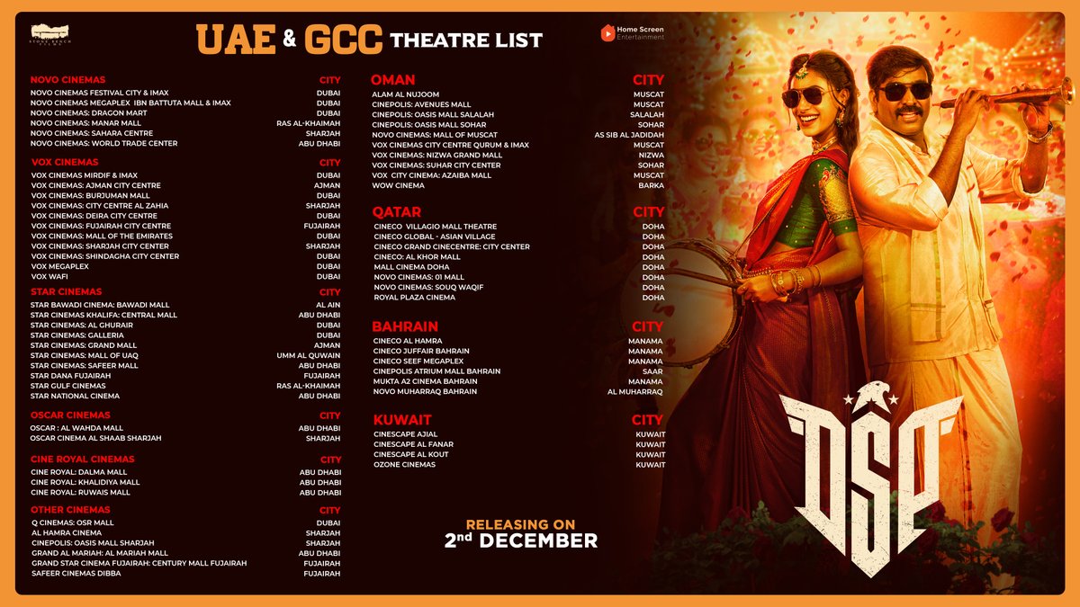 Home Screen Entertainment on Twitter: "#DSP UAE & GCC theatre list is here! In theatres from ...