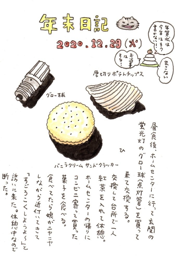 「12月になったので、昨年12月の子の絵。お土産を期待する息子、早起きしてテレビラジオ体操に一人で参加する娘。岐阜大学図書」ひうち棚 コミティア148 さ04aの漫画
