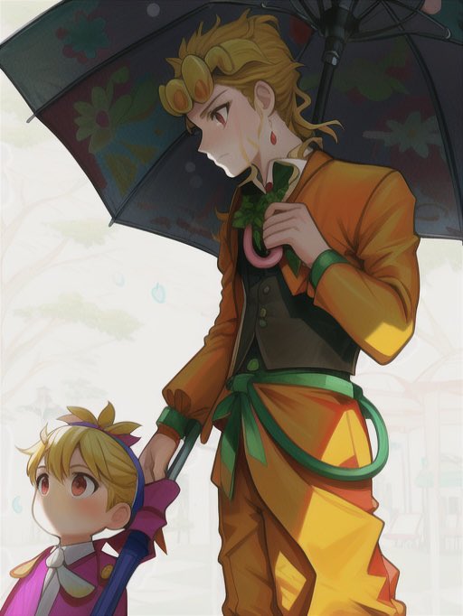 dio brando ,giorno giovanna blonde hair umbrella father and son holding ...