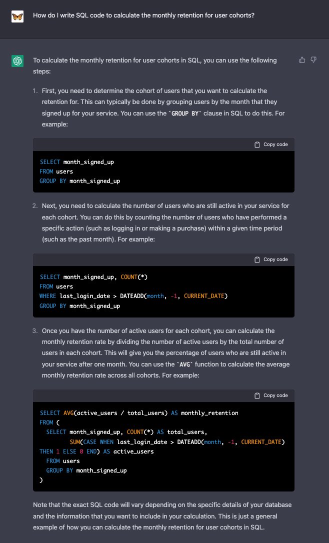 ntkris on Twitter: "I asked ChatGPT: "How do I write SQL code to calculate the monthly retention ...