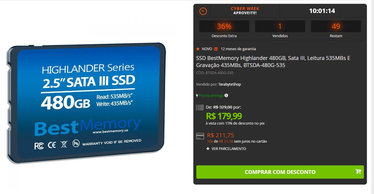 Terabyte on Twitter: "⚠OFERTA!!⚠ SSD BestMemory Highlander 480GB, Sata III, Leitura 535MBs E ...