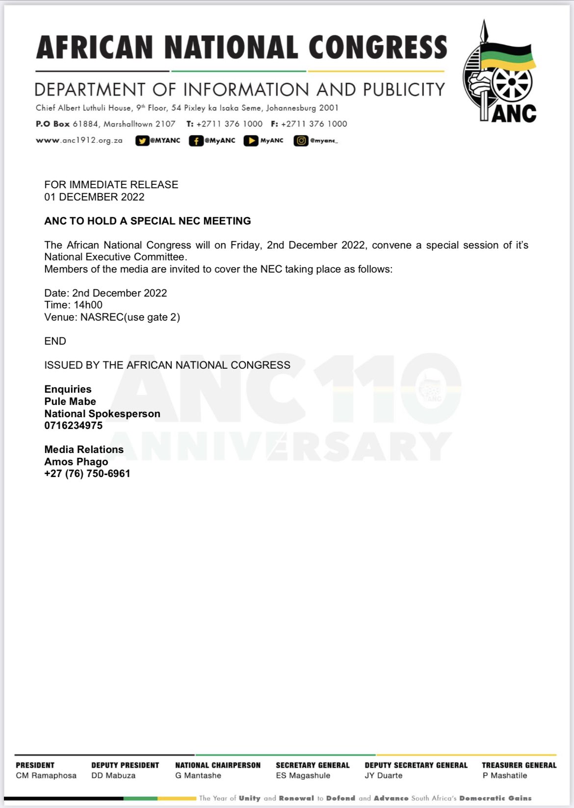 African National Congress on Twitter: "@MYANC will on Friday, 2nd December 2022, convene a ...