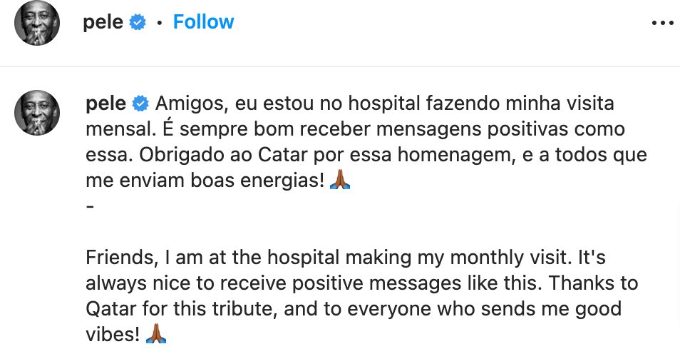 Brazil soccer legend Pele: "I am at the hospital making my monthly ...