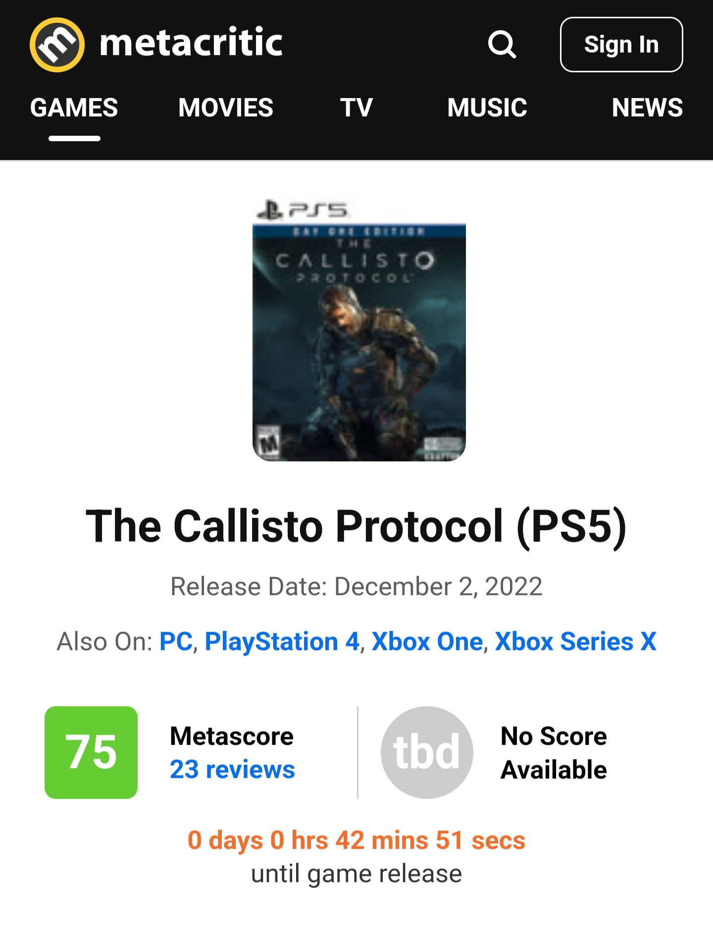 Okami Games on Twitter: "The Callisto Protocol scores a 75 on Metacritic. Windows Central - 4.5 ...
