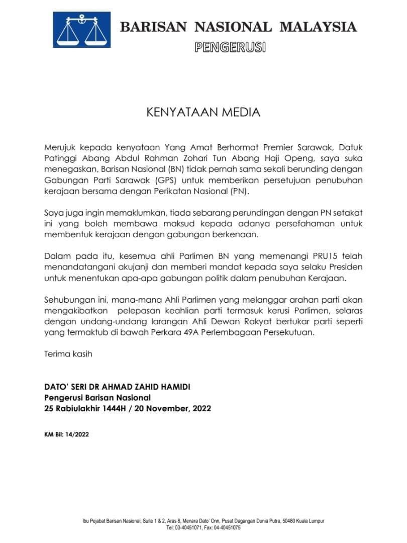 BERNAMA TV 🇲🇾 on Twitter: "Kenyataan Media Pengerusi Barisan Nasional (BN) Datuk Seri Dr Ahmad ...