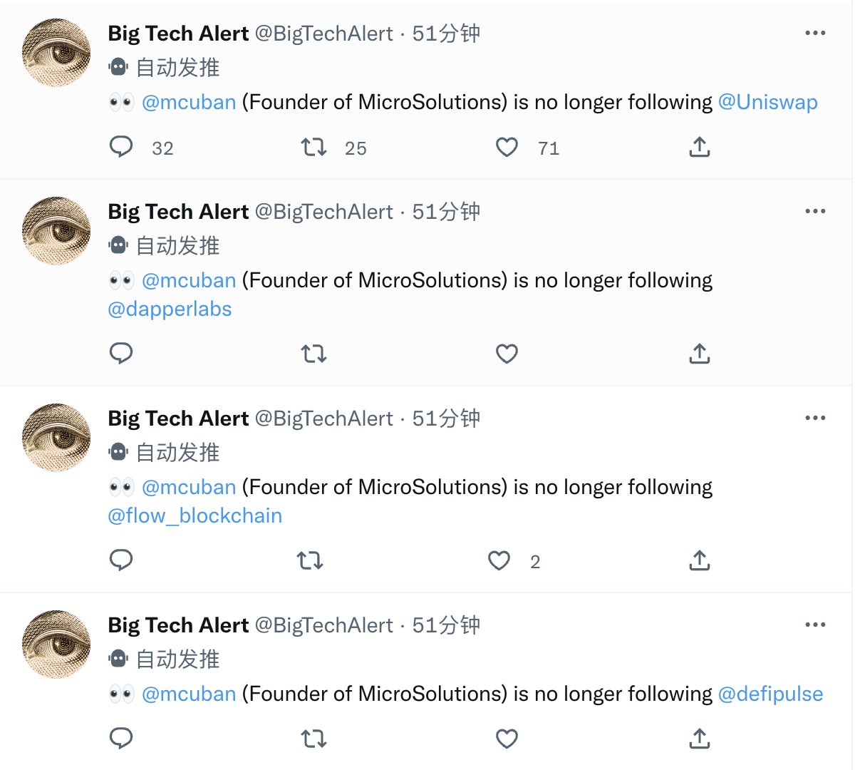 深潮TechFlow（420,69） on Twitter: "将一个鬼故事，此前加密货币和NFT的忠实粉丝（奶王），达拉斯独行侠队老板@mcuban 清仓式取关了众多币圈的推特账号，其中包括 ...