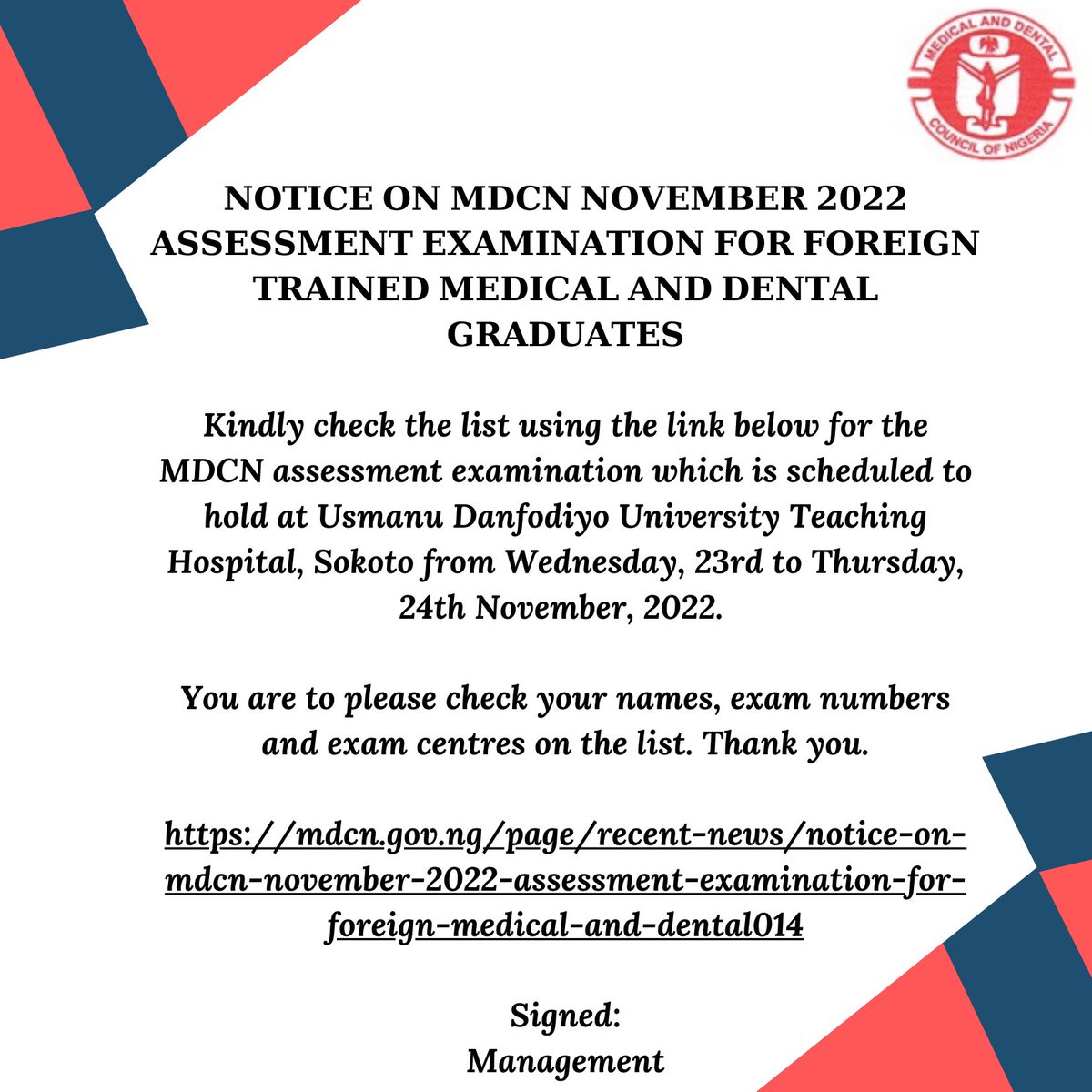 Medical and Dental Council of Nigeria on Twitter: "𝐍𝐎𝐓𝐈𝐂𝐄 𝐎𝐍 𝐌𝐃𝐂𝐍 𝐍𝐎𝐕𝐄𝐌𝐁𝐄𝐑 𝟐𝟎𝟐𝟐 𝐀𝐒𝐒𝐄𝐒𝐒𝐌𝐄𝐍𝐓 ...