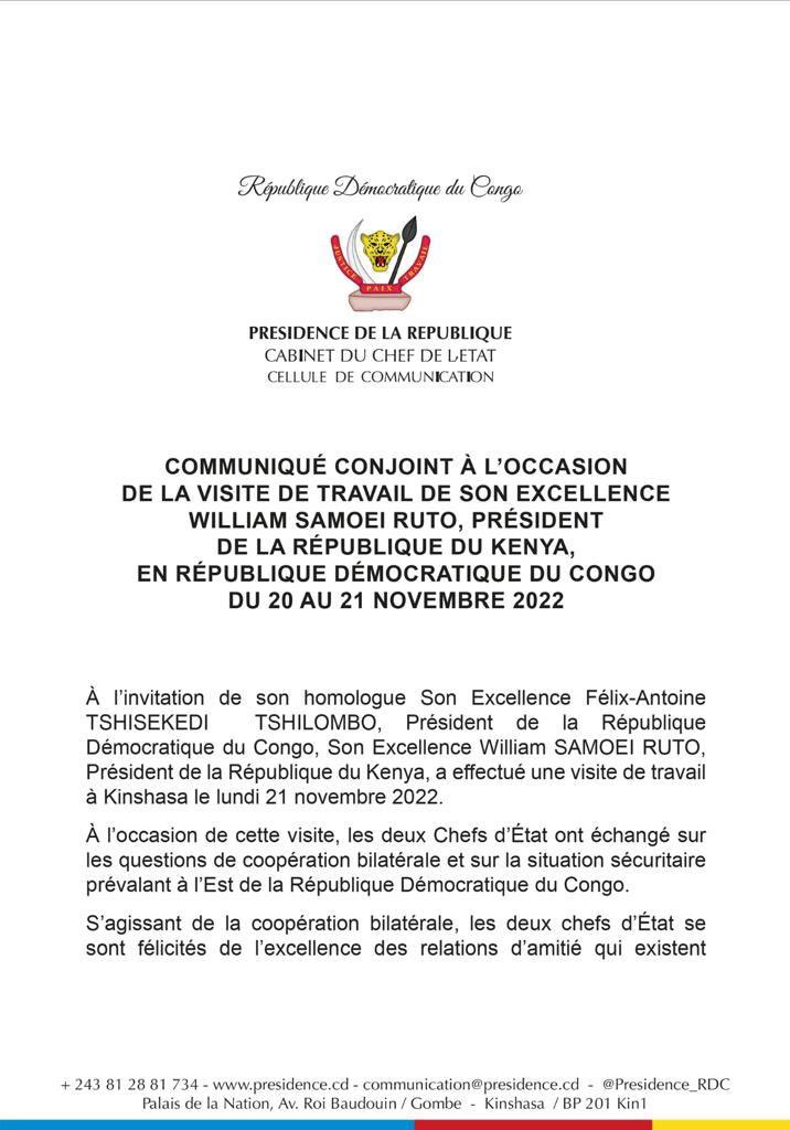 Présidence RDC 🇨🇩 on Twitter: "#RDC 21.11.2022|#CitéUA Voici le communiqué conjoint (RDC-Kenya ...