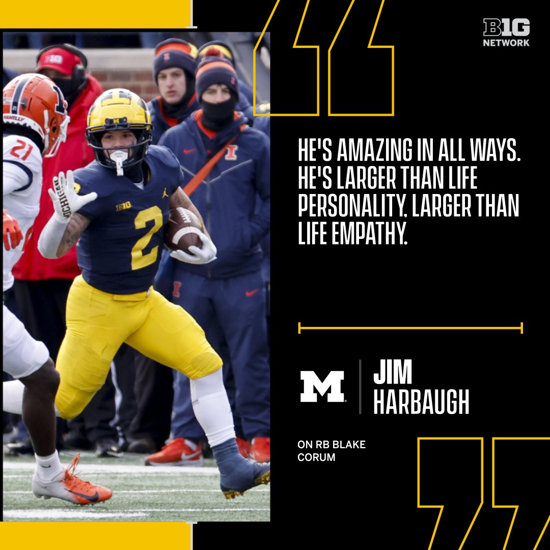 Michigan On BTN on Twitter: "Jim Harbaugh's one of many thankful for Blake Corum. 🦃 https://t.co ...