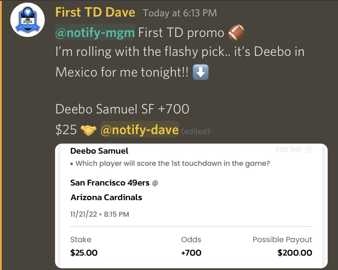 Promo Guy on Twitter: "Tailing Dave’s 1st TD pick with a $25 free bet 🤝 https://t.co/LQNydPPV6T ...