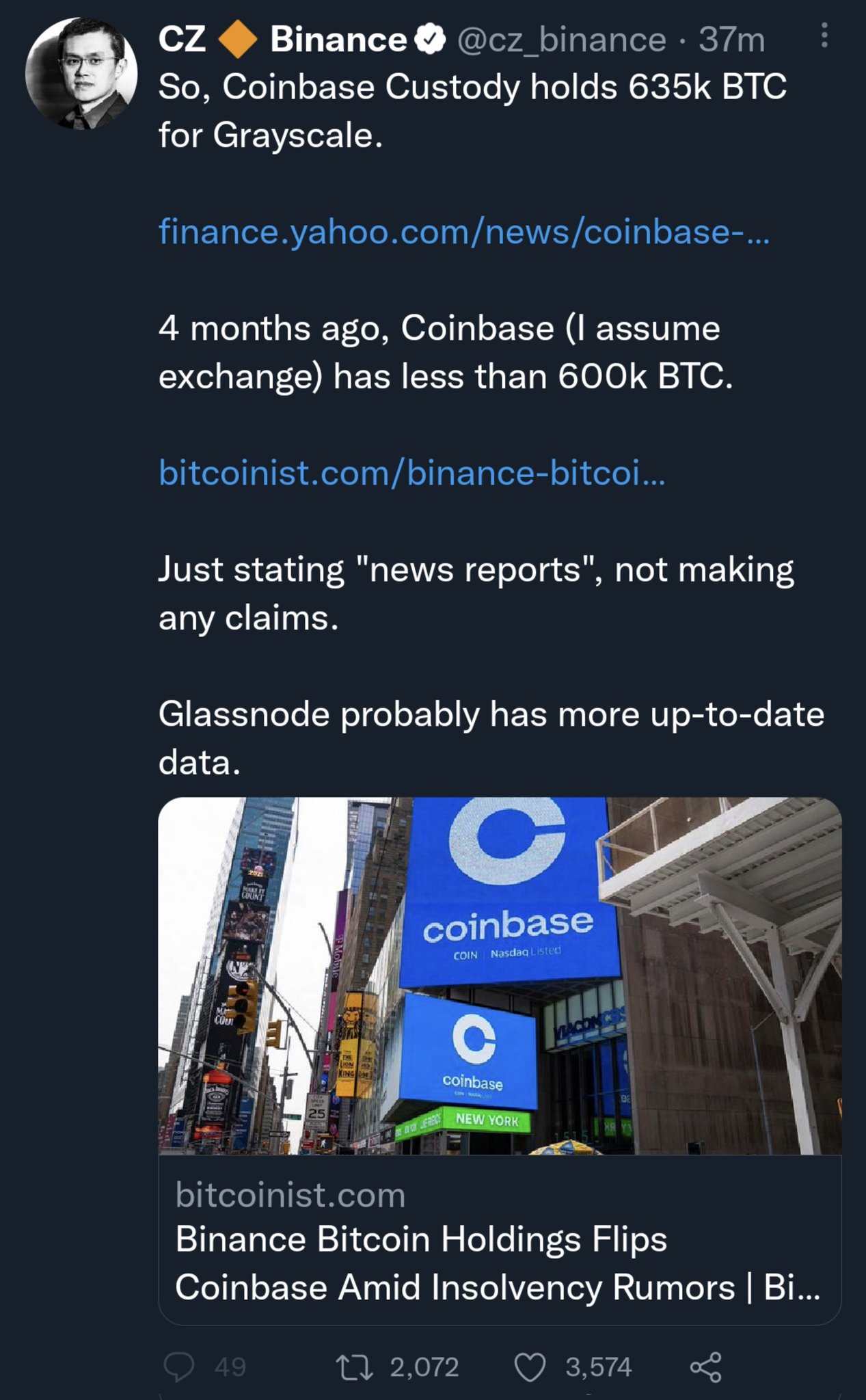 Igloobamboo on Twitter: "Why did @cz_binance just delete this tweet about @coinbase custody for ...