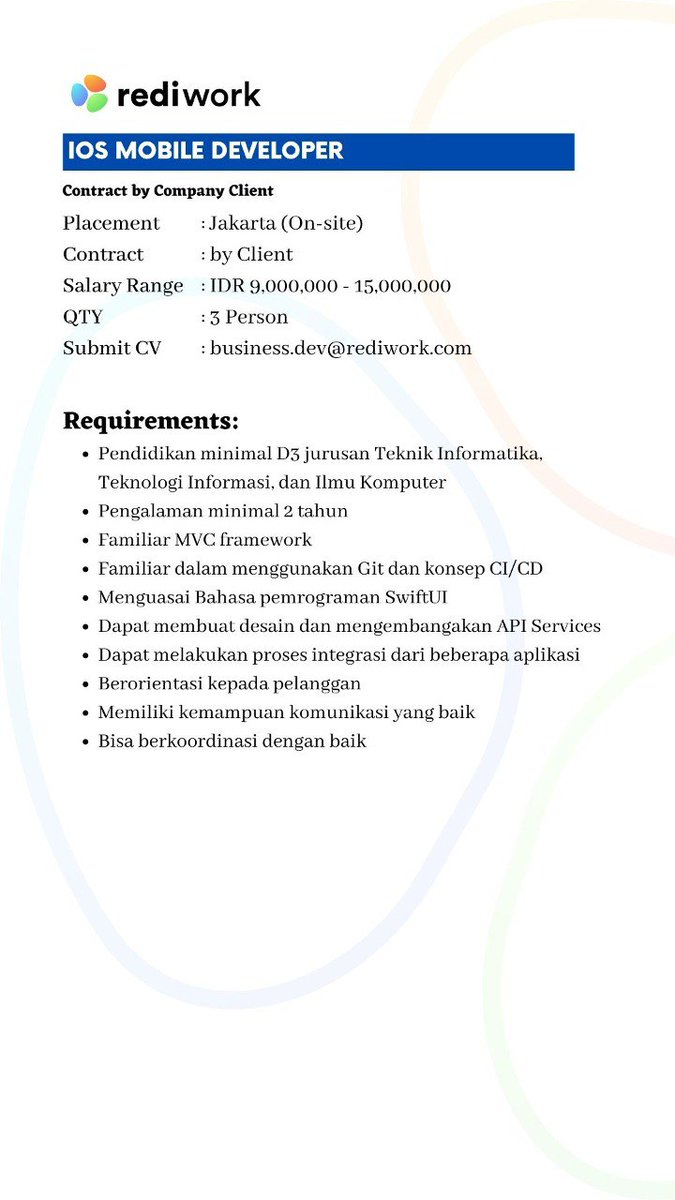 HRD Bacot on Twitter: "RT @info_loker_it: Rediwork mencari Fullstack, IOS & Android Developer ...