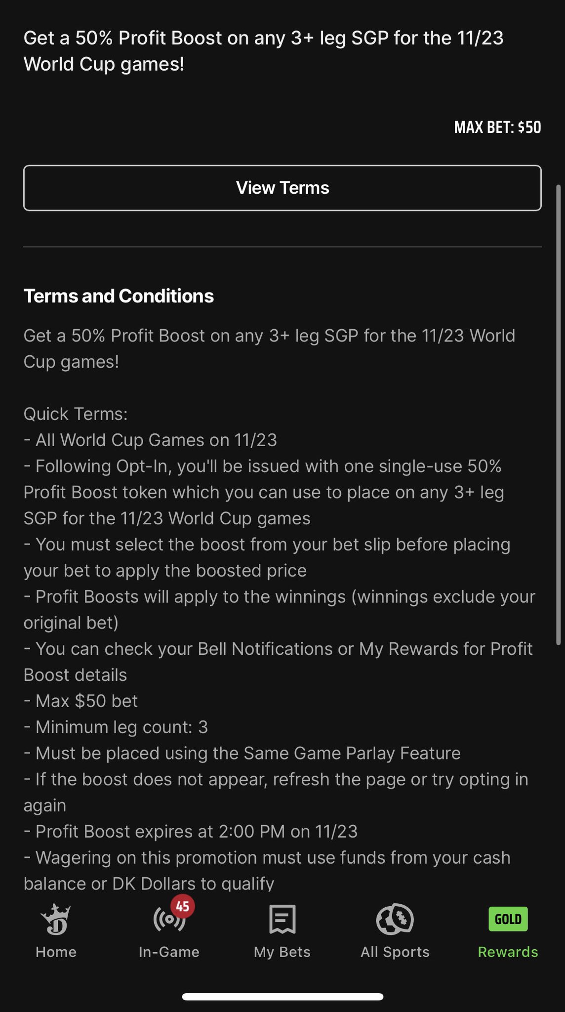 The Promoguy on Twitter: "Draftkings World Cup 50% sgp boost: https://t.co/JMdreyygit" / Twitter