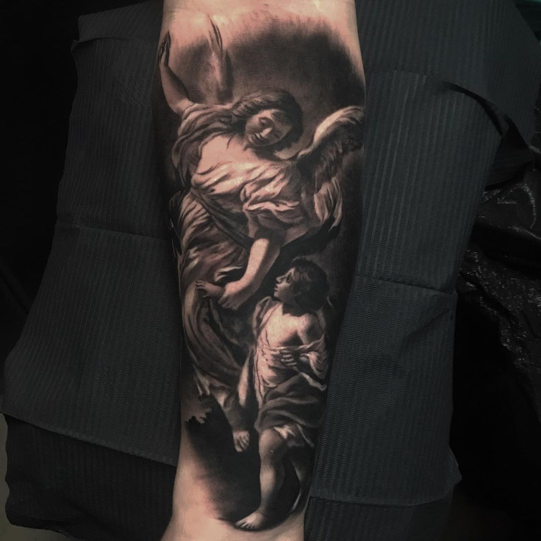 Black And Grey Angel Sleeve Tattoos