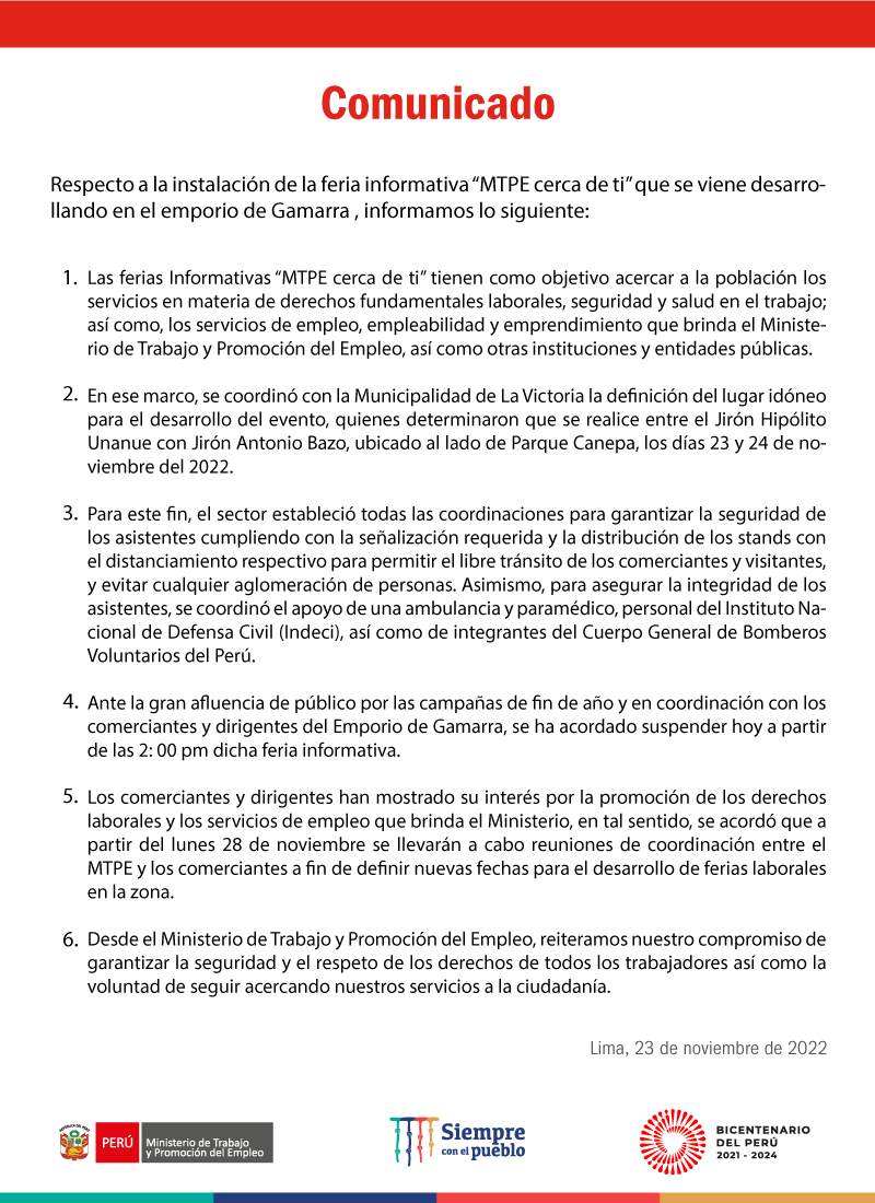 Ministerio de Trabajo on Twitter: "📃 [COMUNICADO] Respecto a la instalación de la feria ...