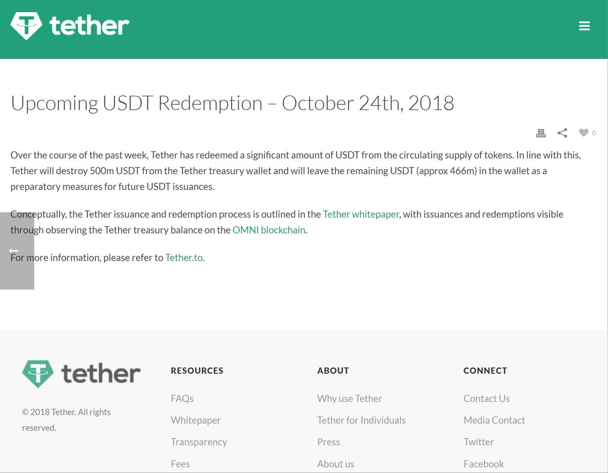 Remember when Tether made a massive redemption of Tethers, on October 24th, 2018? Everyone ...