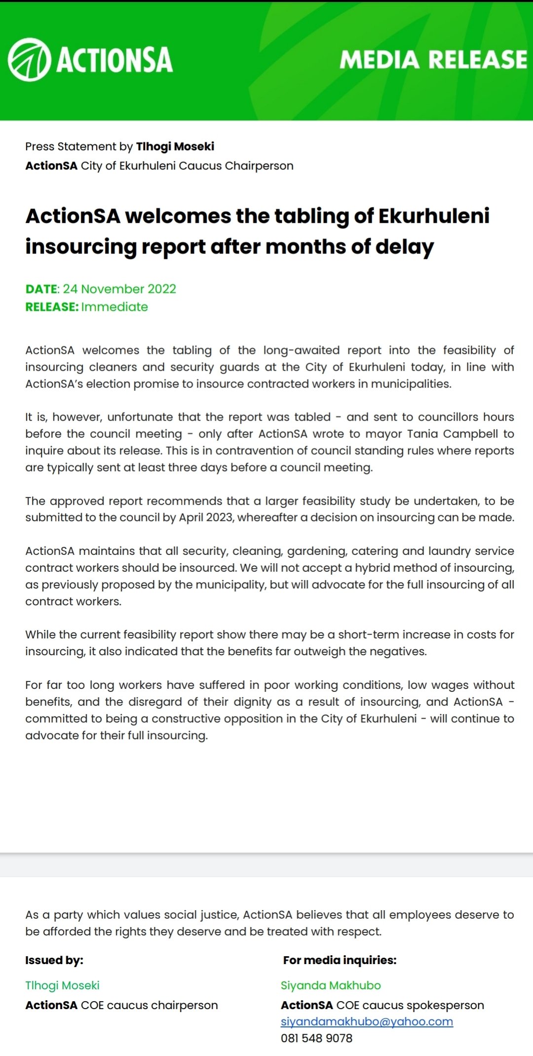 ActionSA Ekurhuleni Caucus on Twitter: "Press Statement by Tlhogi Moseki ActionSA City of ...