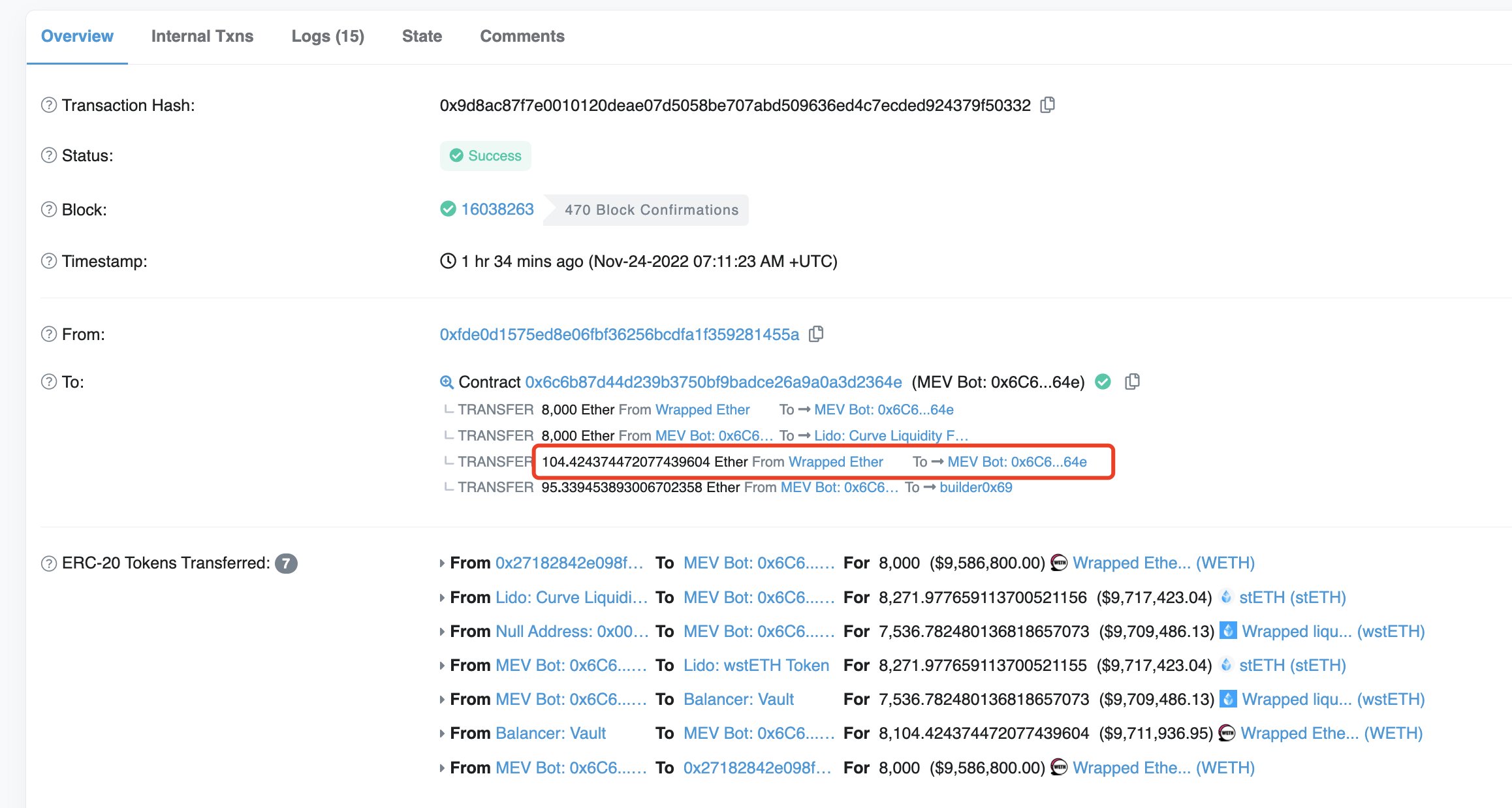 Lookonchain on Twitter: "2. MEV Bot arbitraged 104 $ETH ($124,800). MEV Bot uses flash loan to ...