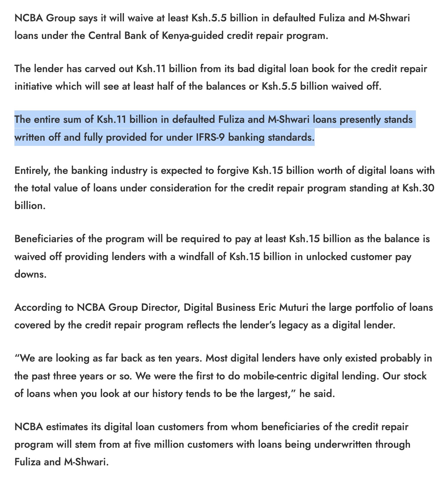 Mwango Capital on Twitter: "NCBA Group to forgive KES 5.5B in defaulted Fuliza and M-Shwari ...