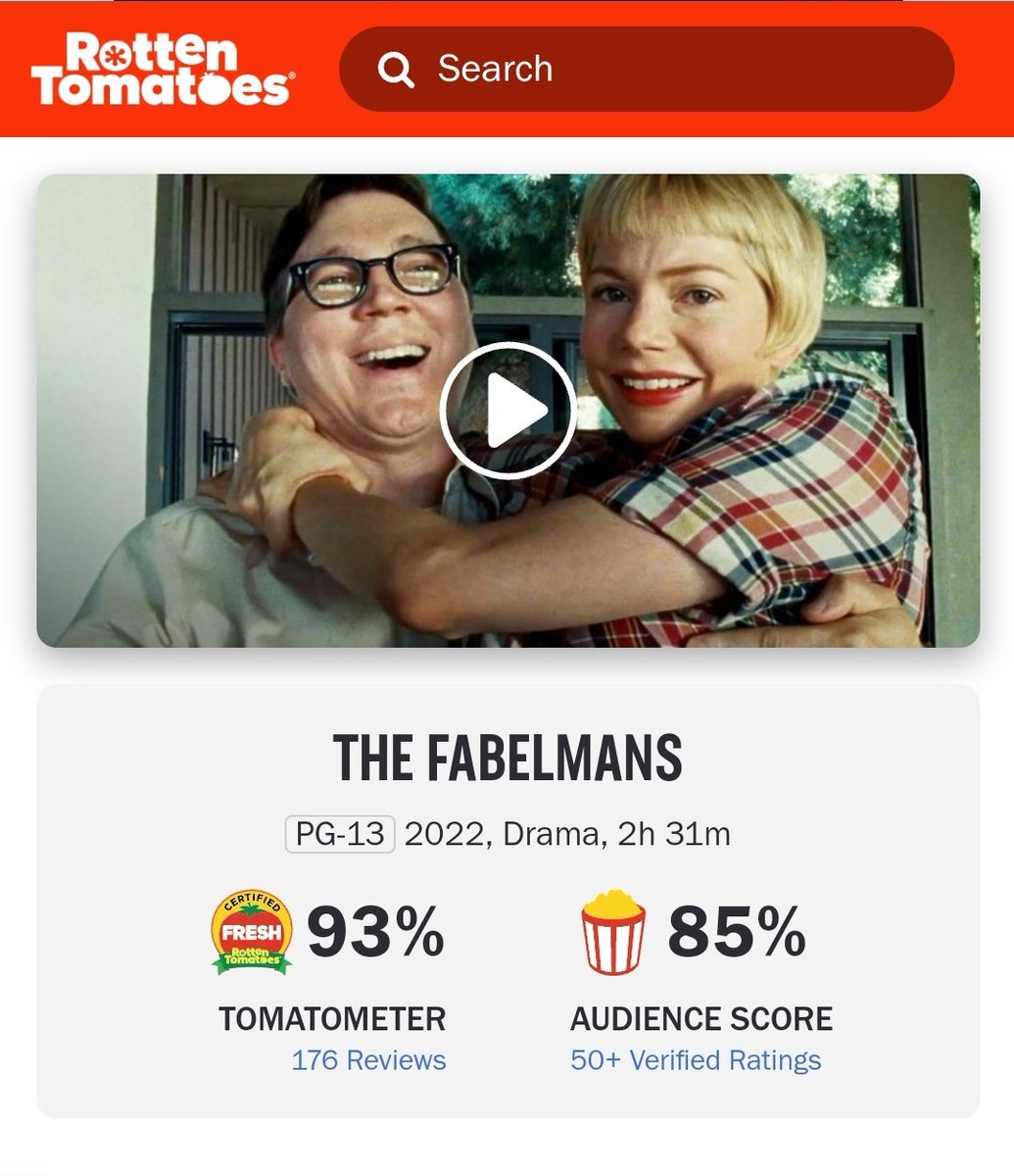 Steven Spielberg's #TheFabelmans is now Certified Fresh on Rotten ...