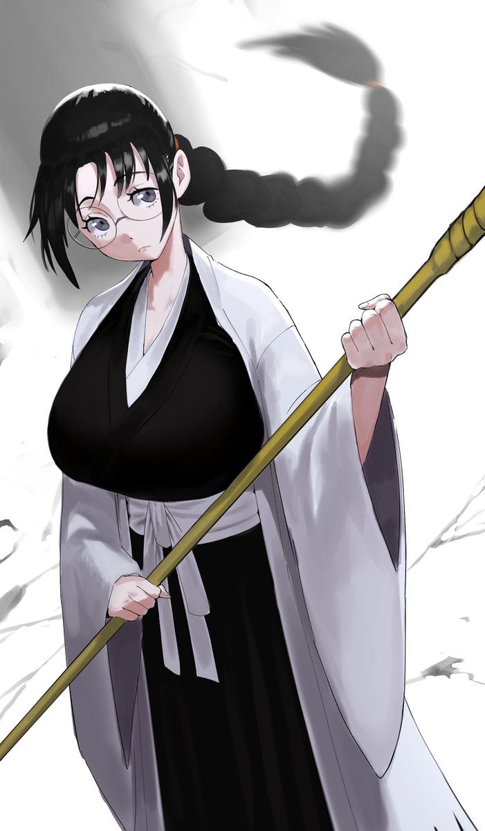 1girl Solo Glasses Braid Japanese Clothes Black Hair Breasts