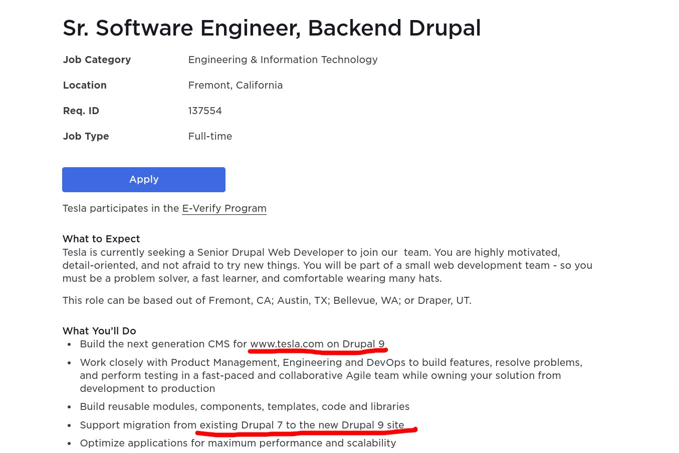 ruanyf on Twitter: "特斯拉官网（https://t.co/VOgxAWDMku）居然是用 Drupal 搭建的。这么古老的 PHP 内容管理系统，现在应该很少人在用了 ...