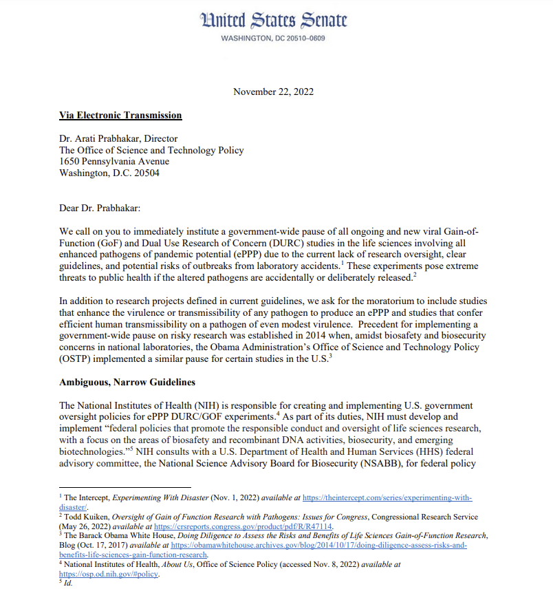Senate letter, 11./22/22: "We call on you to immediately institute a ...