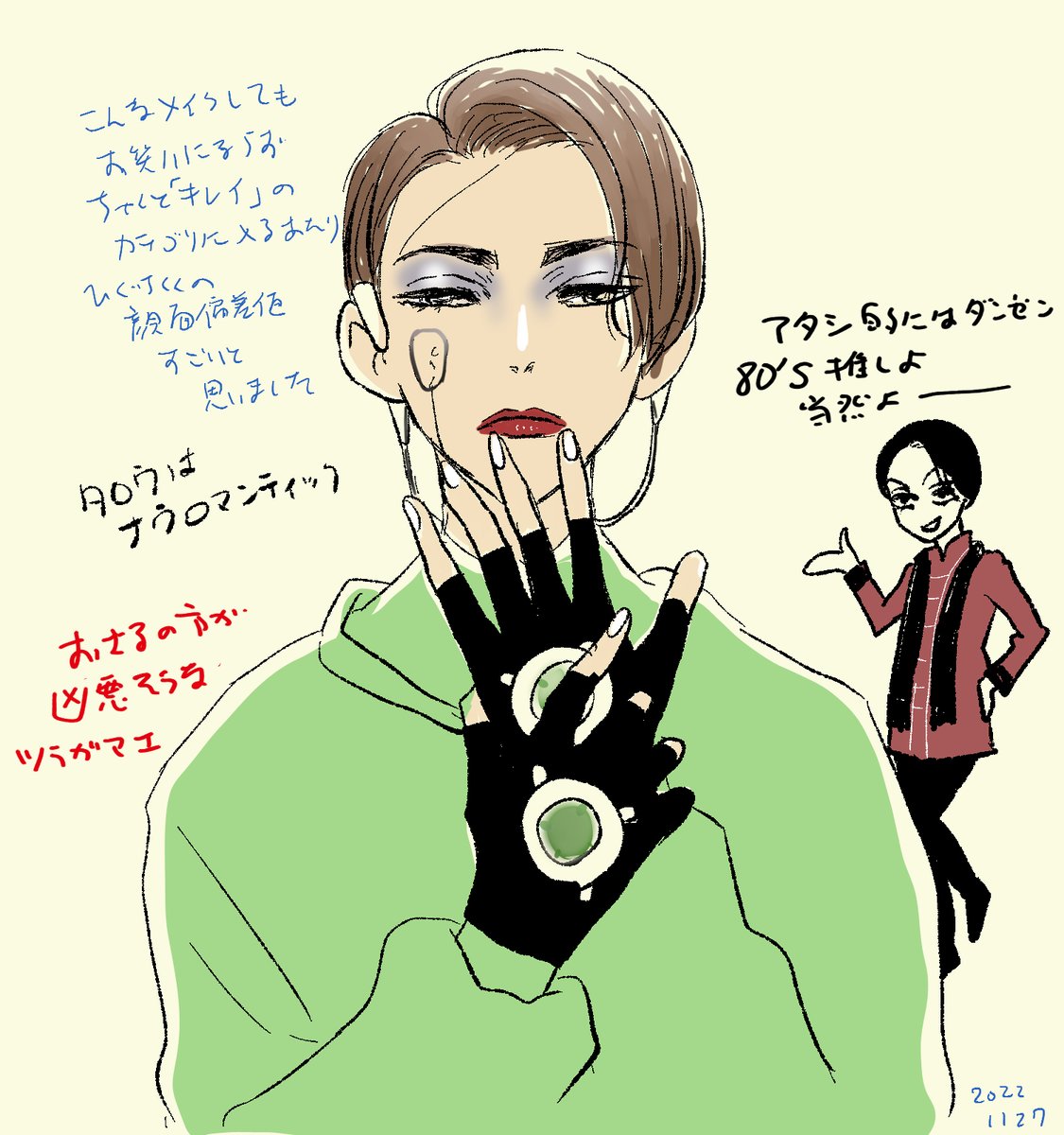 「ドンキラー落書きしてみてこの既視感はなんじゃろと思ってたんですが判明した 80'sニューロマンティックだわこれ! ホラホ」ごじょうの漫画