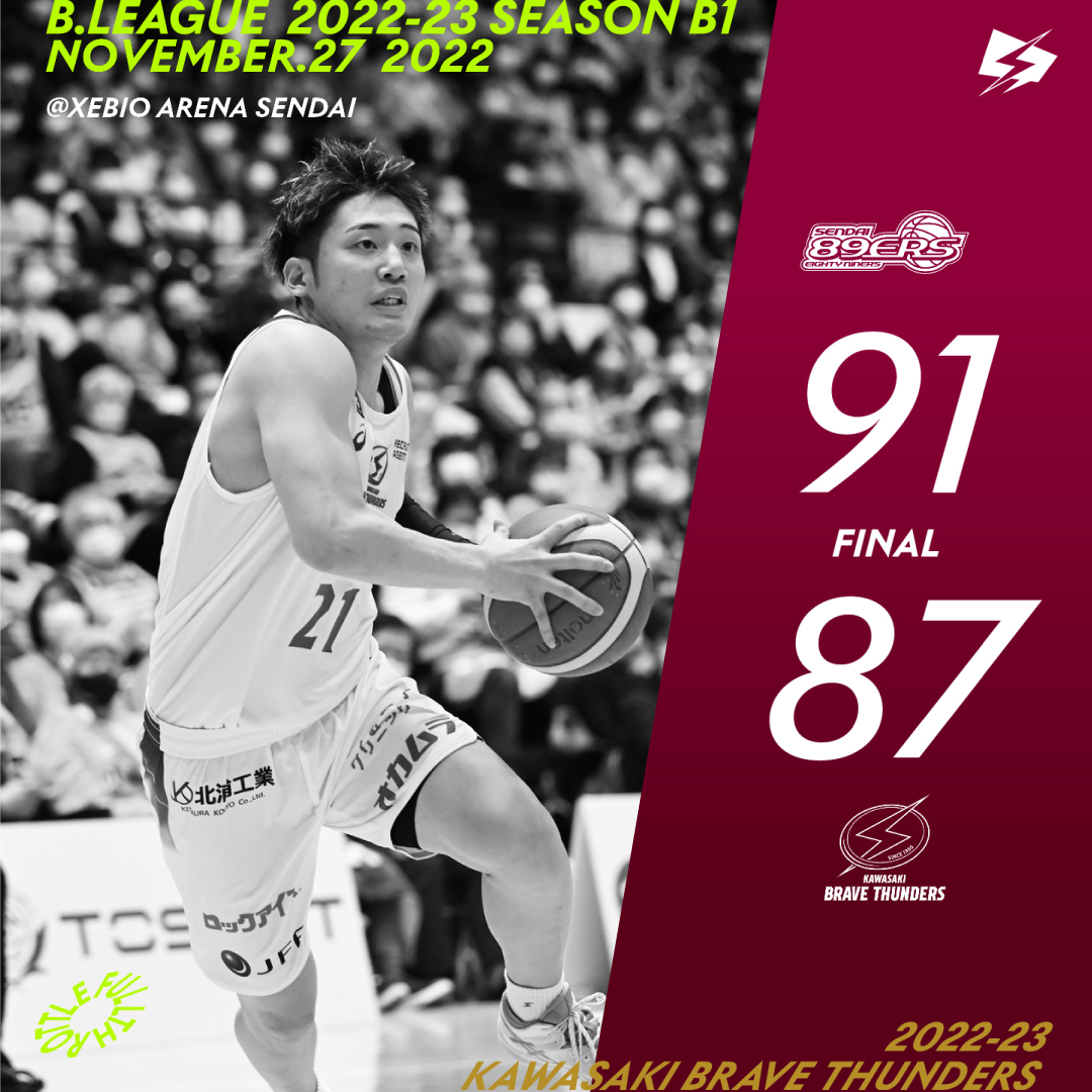 川崎ブレイブサンダース⚡️川崎からバスケの未来を⚡️ on Twitter: "🏀#試合速報 powered by #リクルートエージェント🏀 11/27(日) 試合終了 91 #仙台 ...