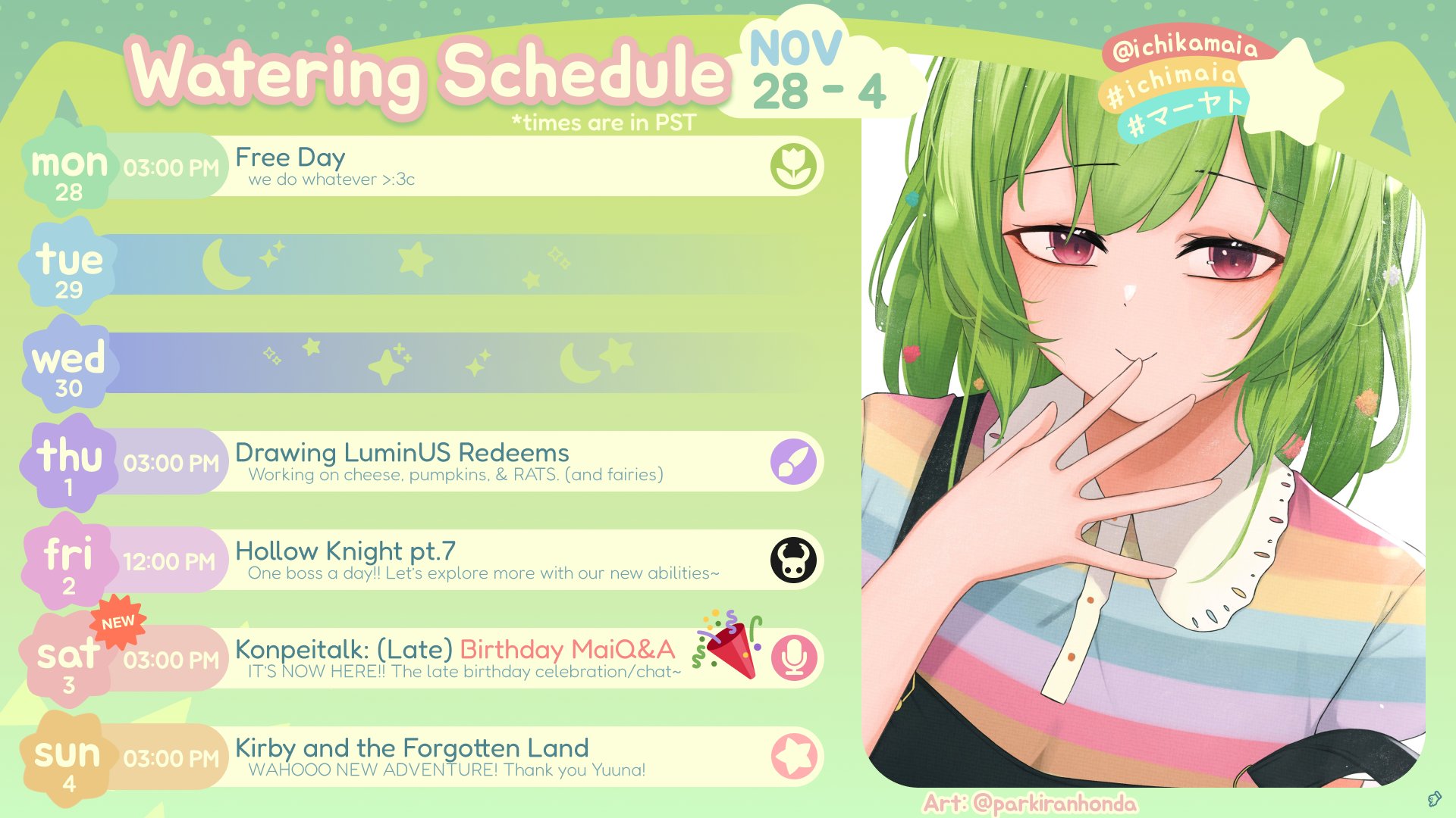 Maia 🌷 VTuber on Twitter: "[11/28 - 12/4] Weekly schedule 🫖💦🥀#ichimaia ️MON/28: Free day!🕺 ️THU ...