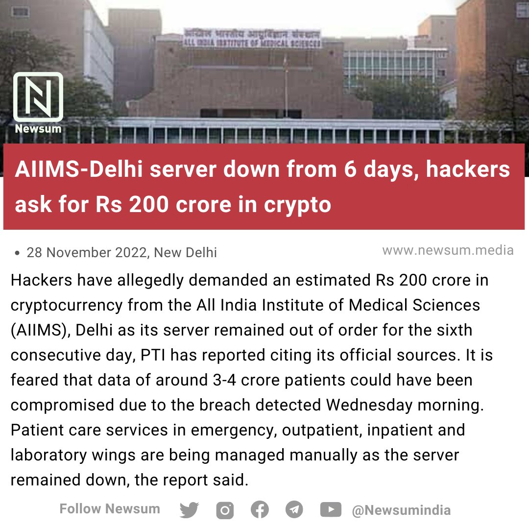 Newsum On Twitter AIIMS Delhi Server Down From 6 Days Hackers Ask newsum-on-twitter-aiims-delhi-server-down-from-6-days-hackers-ask