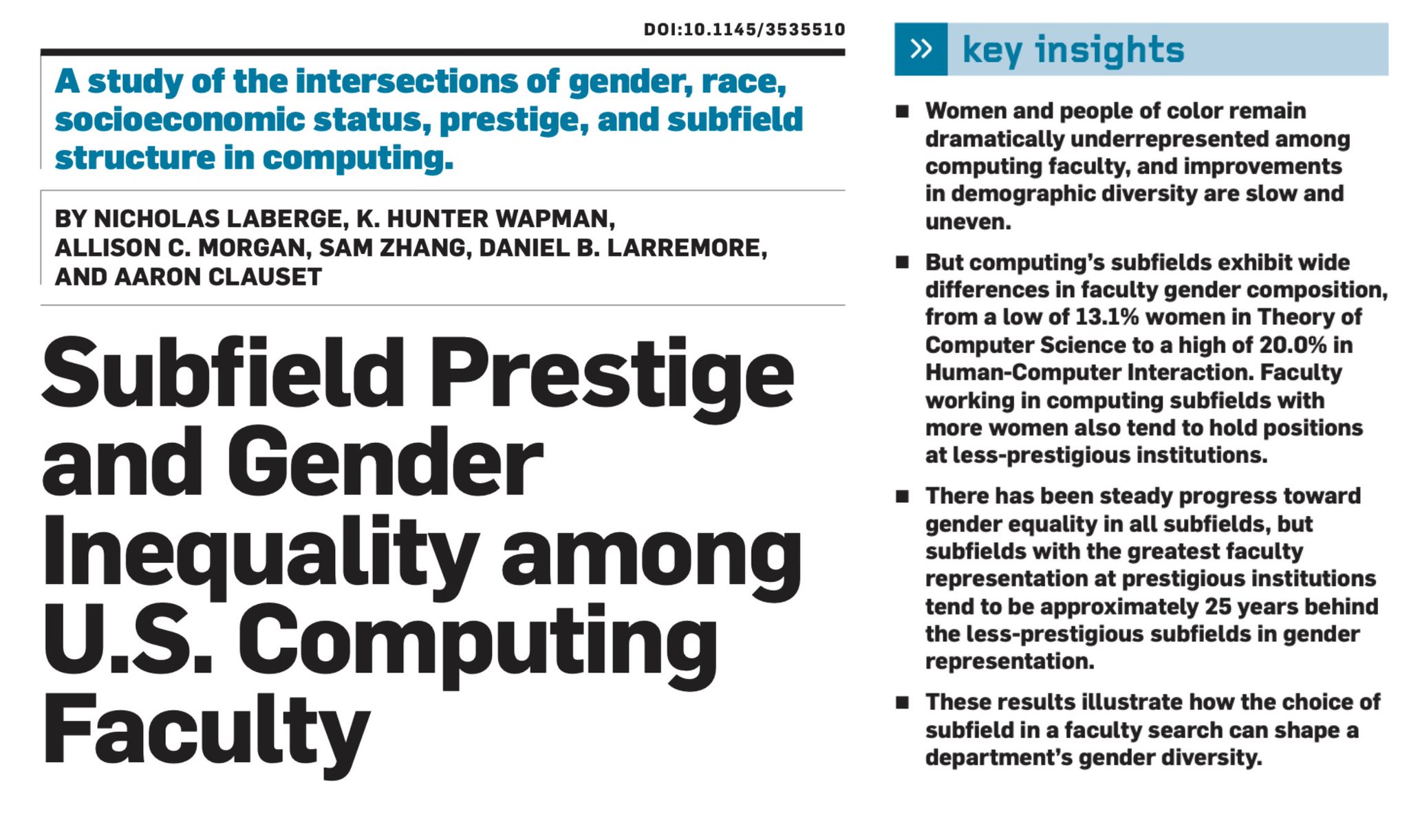 Nick LaBerge on Twitter: "1/ New paper! “Subfield Prestige and Gender Inequality among U.S ...