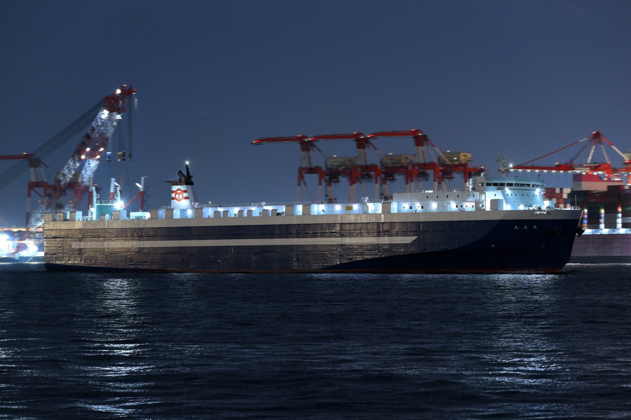 たけつみ on Twitter: "夜の東京に入港する「天王丸」。オーシャントランスのRORO船、全長が191mもあるのでこの角度からだと非常に細長く見えますね https://t.co ...