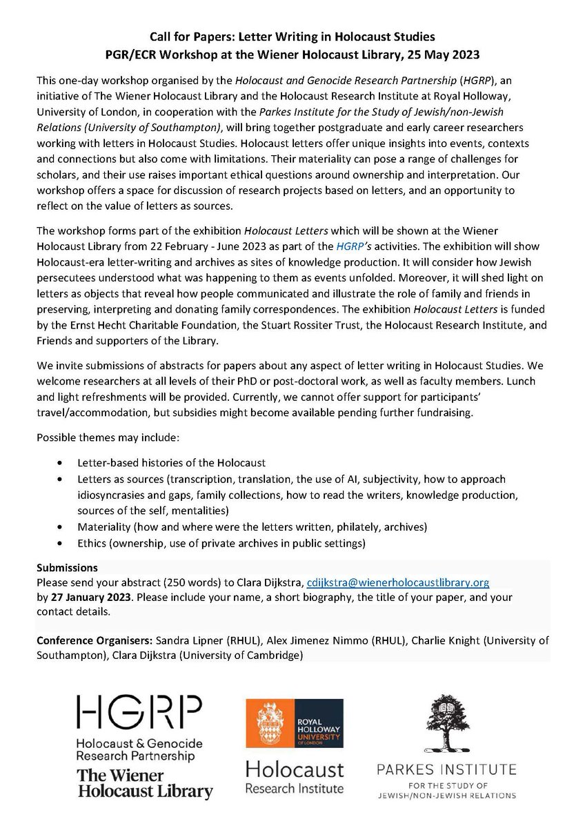 The Wiener Holocaust Library on Twitter: "RT @ParkesInstitute: 📢 ...