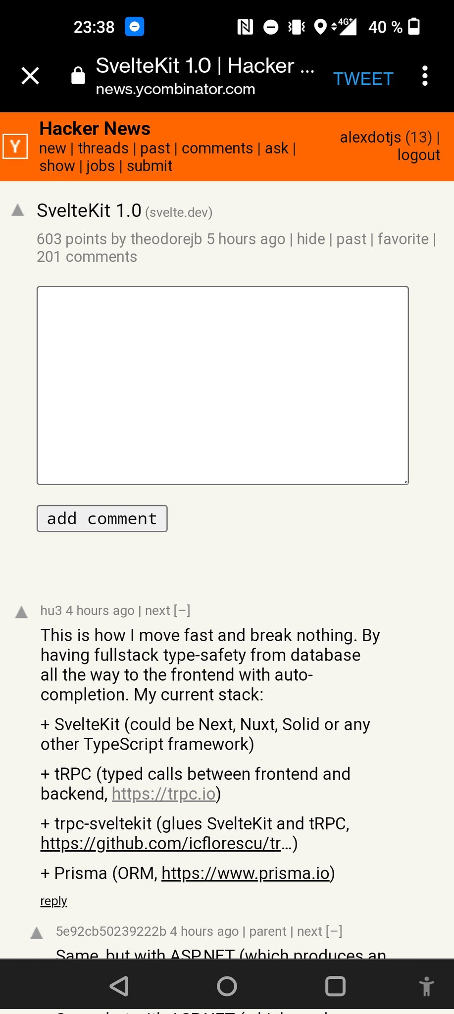 Alex / KATT 🐱 on Twitter: "@Rich_Harris & trpc made it to the top comment on the top post!!!11 ...