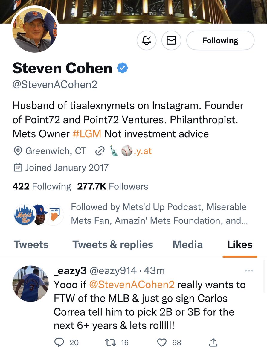 Knicks Memes on Twitter: "Mets owner Steve Cohen just liked a tweet saying the Mets should sign ...