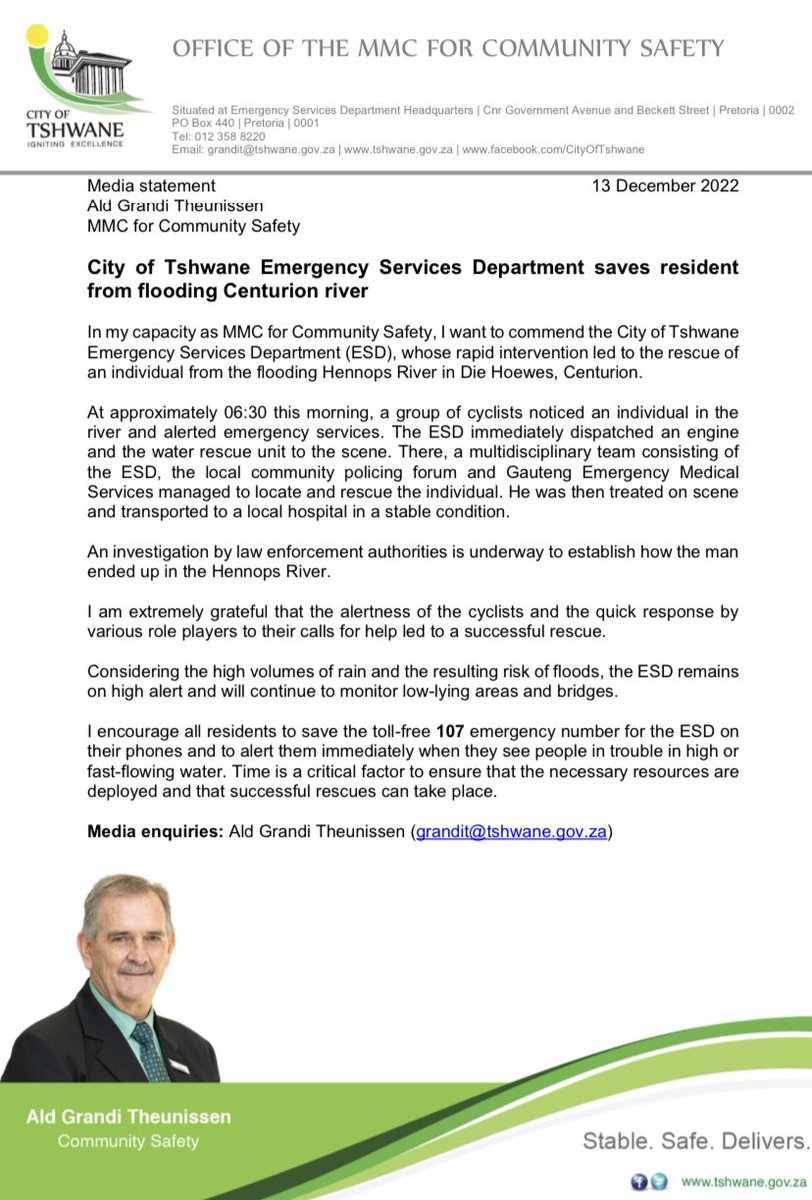 Mayor Randall Williams on Twitter: "STATEMENT: City of Tshwane Emergency Services Department ...