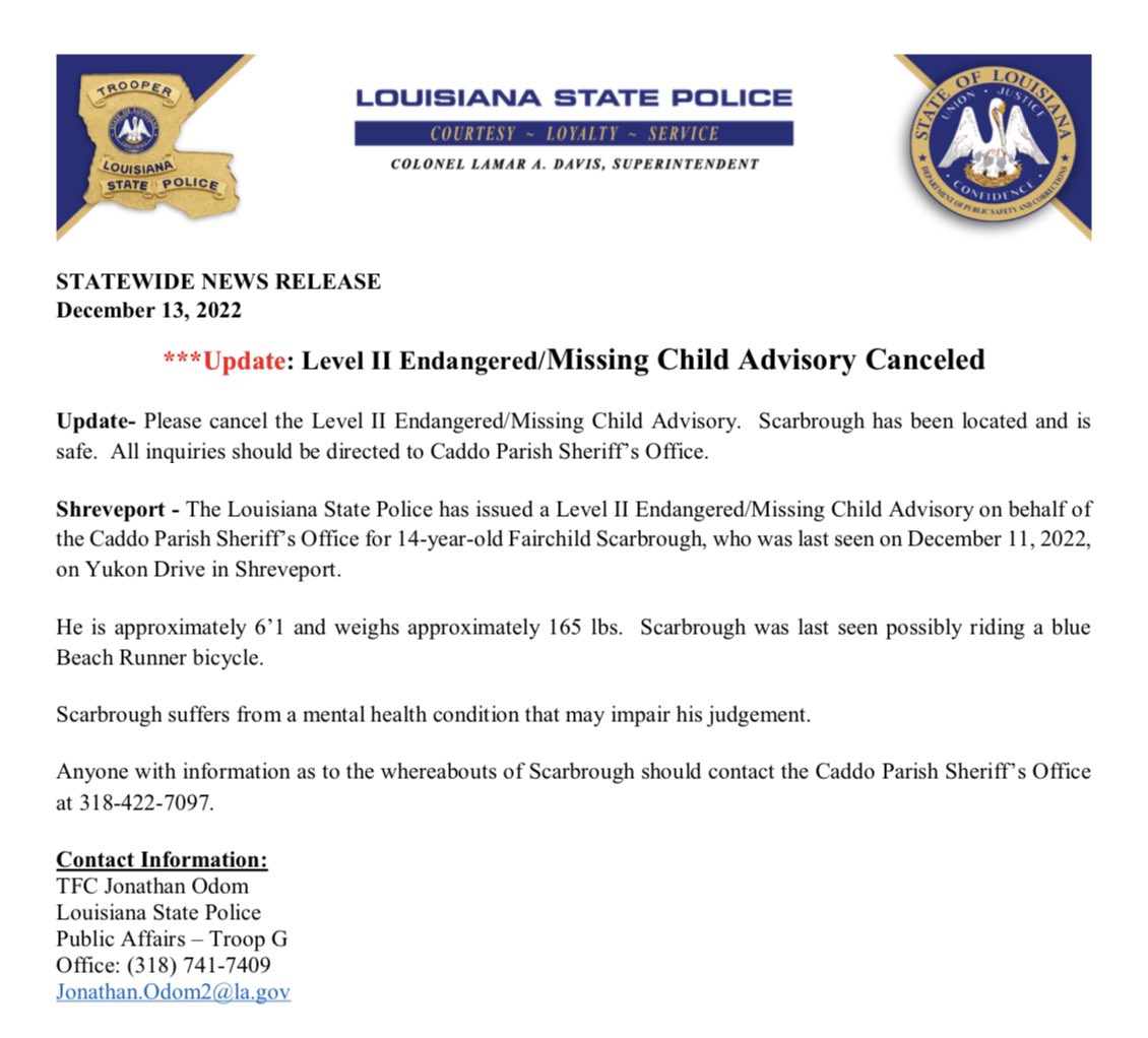 LA State Police on Twitter: "STATEWIDE NEWS RELEASE December 13, 2022 ***Update: Level II ...