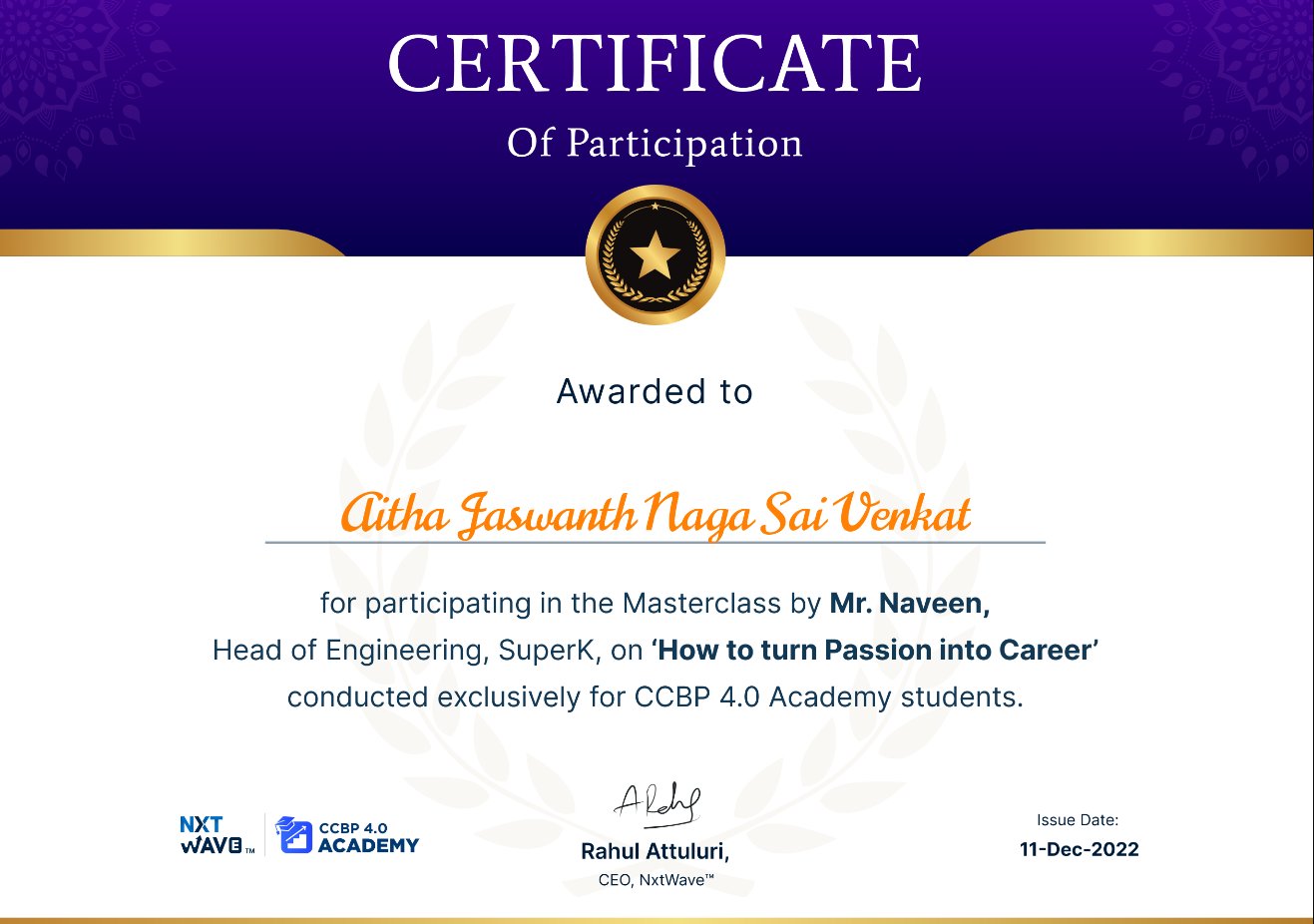 Jaswanth Aitha On Twitter Certificate Of Participation For Participating In The Masterclass By 